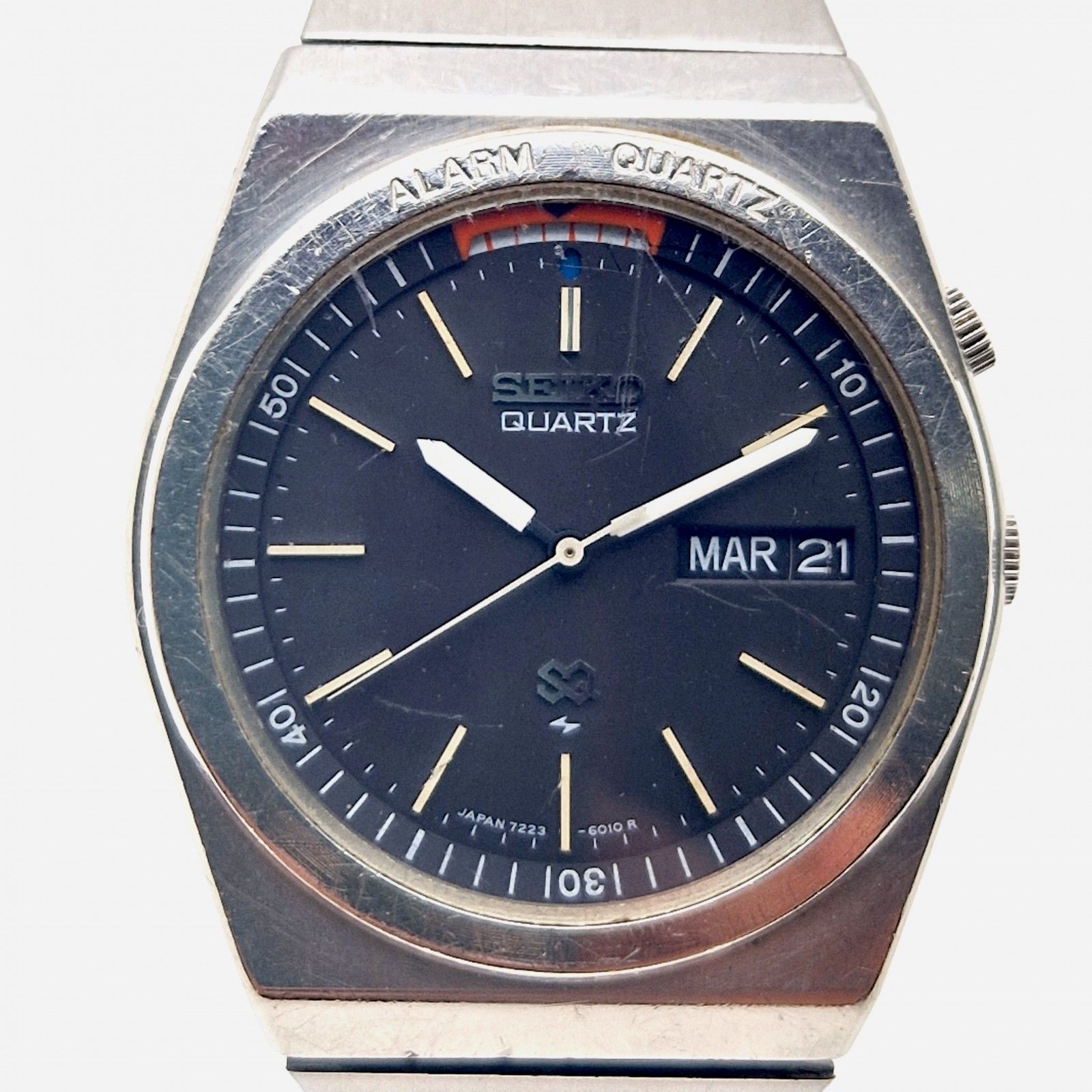 Reloj vintage años 80 cuarzo Seiko 7223-6010 con alarma acero inoxidable de segunda mano